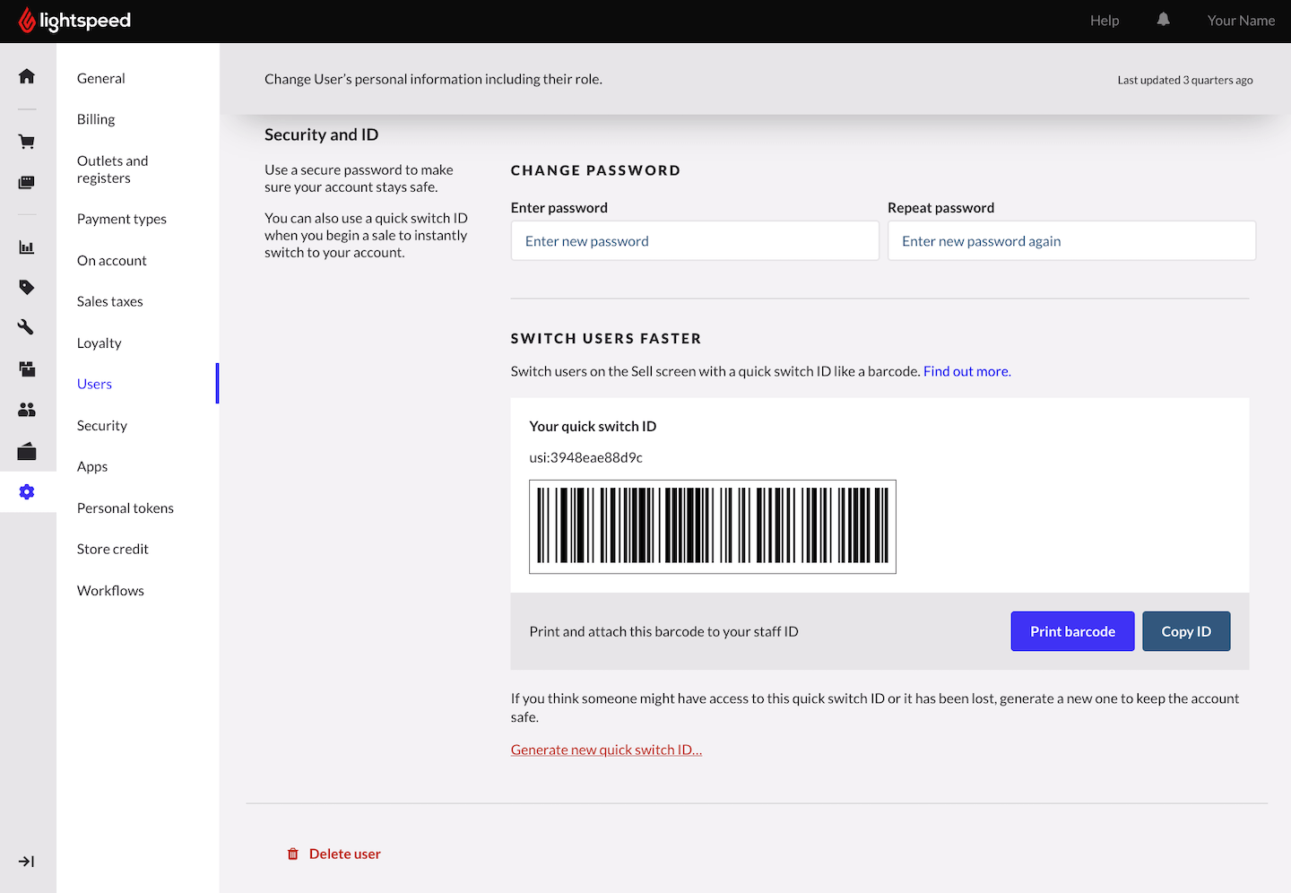 User barcodes and user switching permissions – Lightspeed Retail (X-Series)