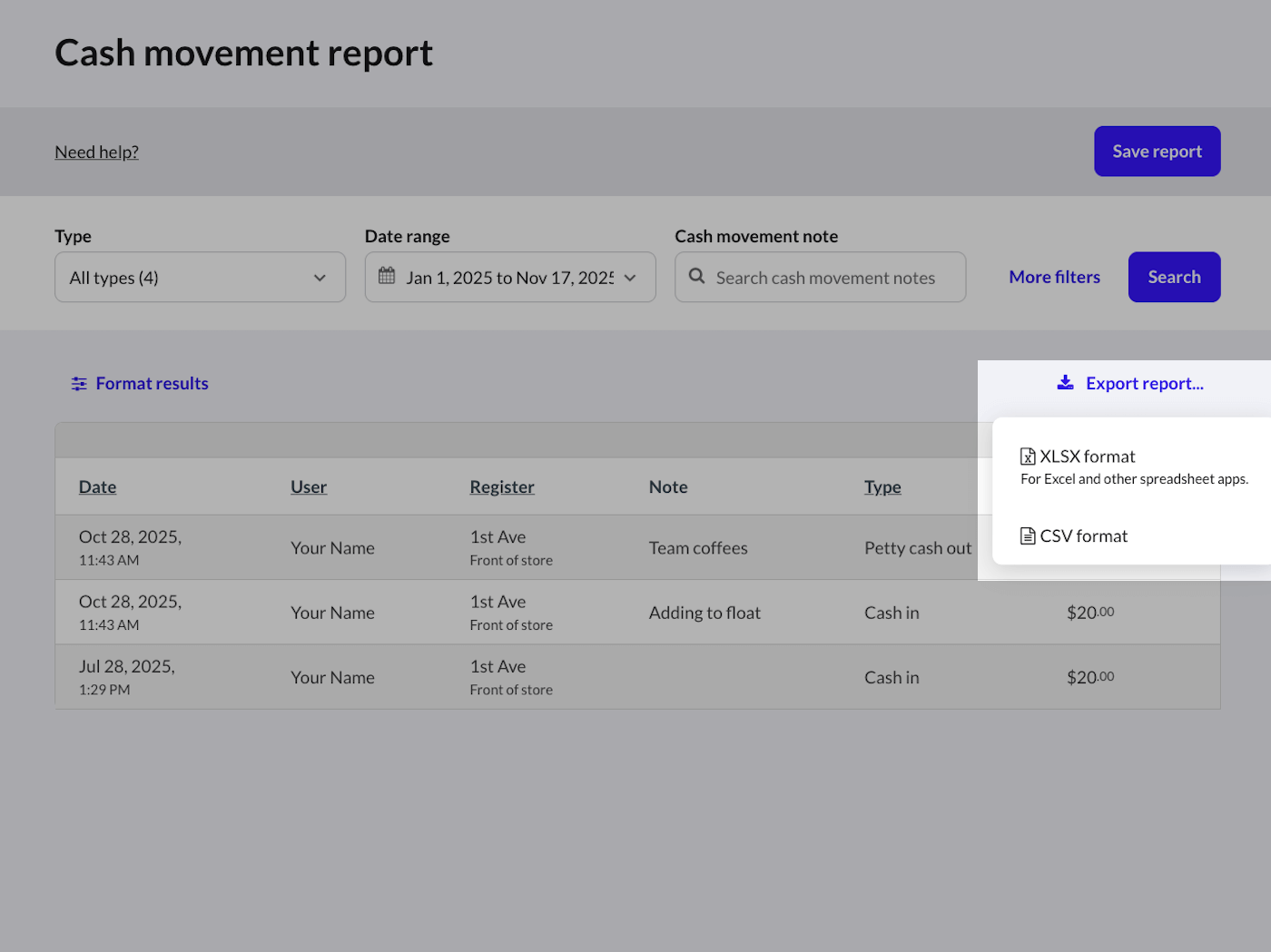 Using the cash movement report – Lightspeed Retail (X-Series)