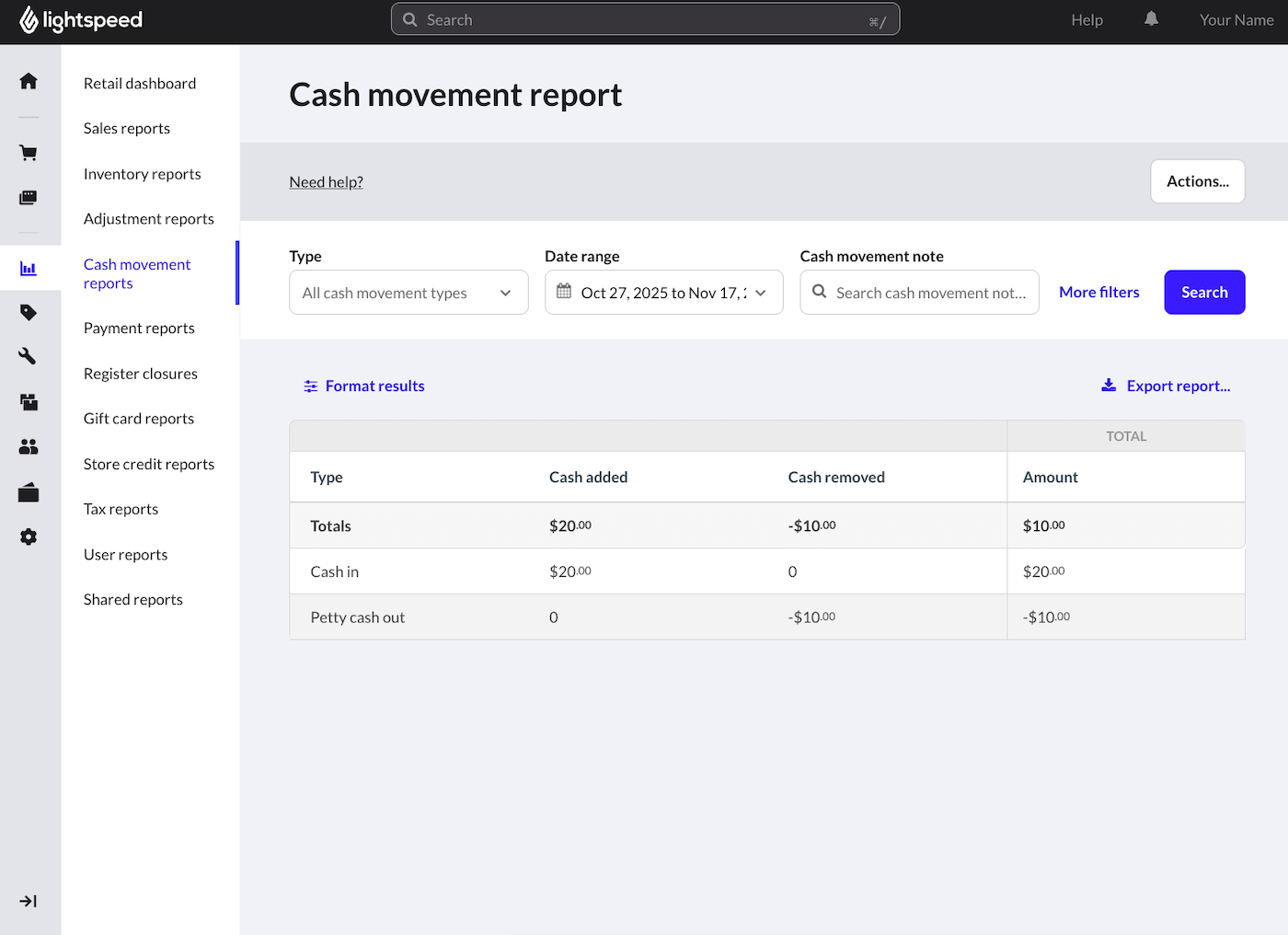 Using the cash movements report – Lightspeed Retail (X-Series)